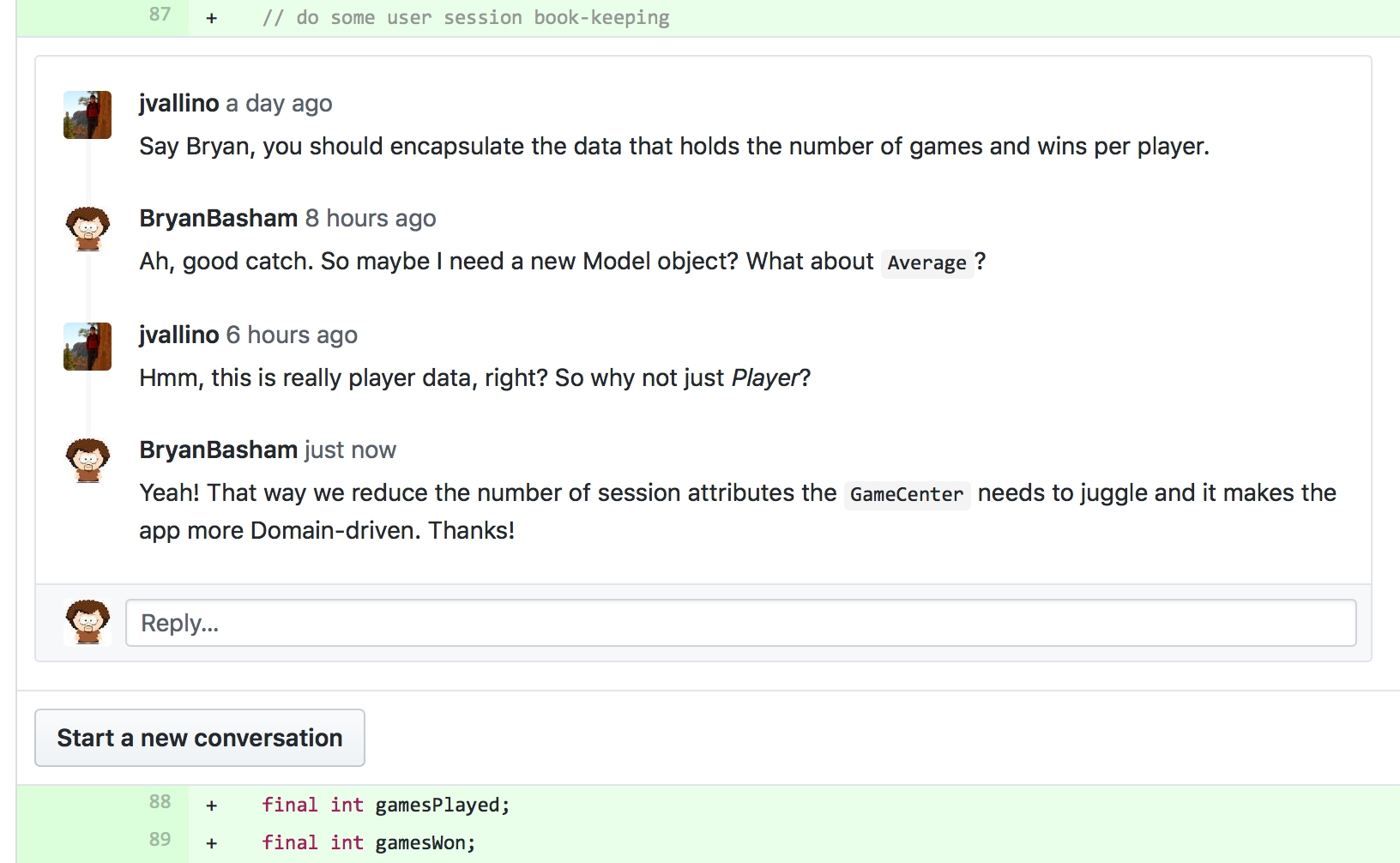 A complete code review conversation.